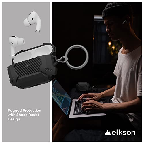 elkson Compatible with AirPods Pro Case, Secure Case Cover with Keychain Hard Shell Protective Bumper Carbon Fiber Full Body Shockproof for AirPod Pro, Black Exia Series Front LED Visible