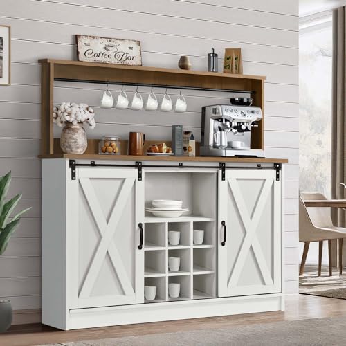 Farmhouse Coffee Bar Cabinet, 47'' Coffee Bar Station with 6 Hooks, Kitchen Coffee Bar with Hutch & 9 Wine Racks, Coffee Bars for Dining Room, White