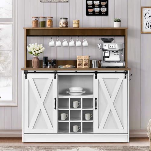 Farmhouse Coffee Bar Cabinet, 47'' Coffee Bar Station with 6 Hooks, Kitchen Coffee Bar with Hutch & 9 Wine Racks, Coffee Bars for Dining Room, White
