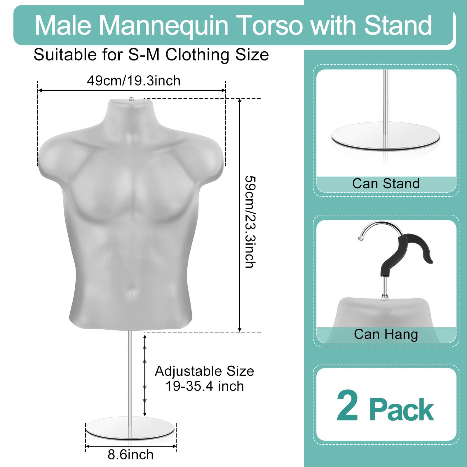 Geetery 2 Pack Male Mannequin Torso with Stand Hollow Back Dress Form Mannequin Body White Retail Mannequins Body Tshirt Display with Metal Pole and Hanging Hook for Counter Craft Shows, S M Size