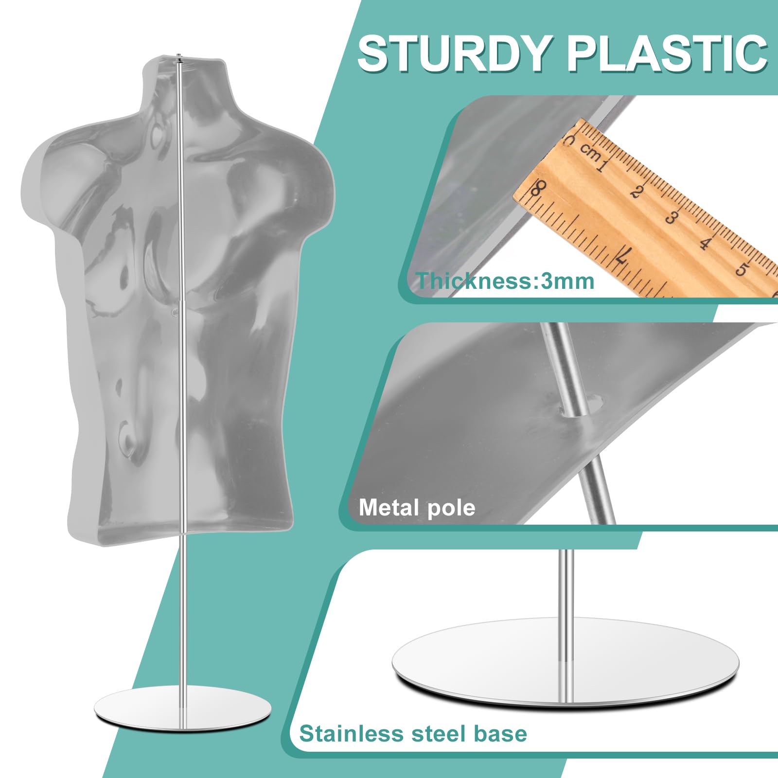 Geetery 2 Pack Male Mannequin Torso with Stand Hollow Back Dress Form Mannequin Body White Retail Mannequins Body Tshirt Display with Metal Pole and Hanging Hook for Counter Craft Shows, S M Size