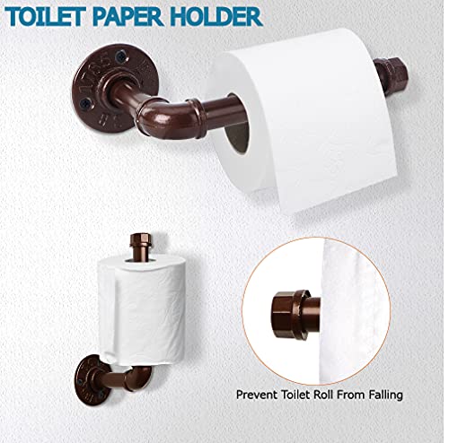 3 Pack Industrial Pipe Bathroom Hardware Accessories Set, Include 2 Robe Coat Towel Hook and 1 Toilet Paper Holder for Hanging. 1/2" inch Threaded Wall Mounted Rustic Decor Accessories Kit (Bronze)