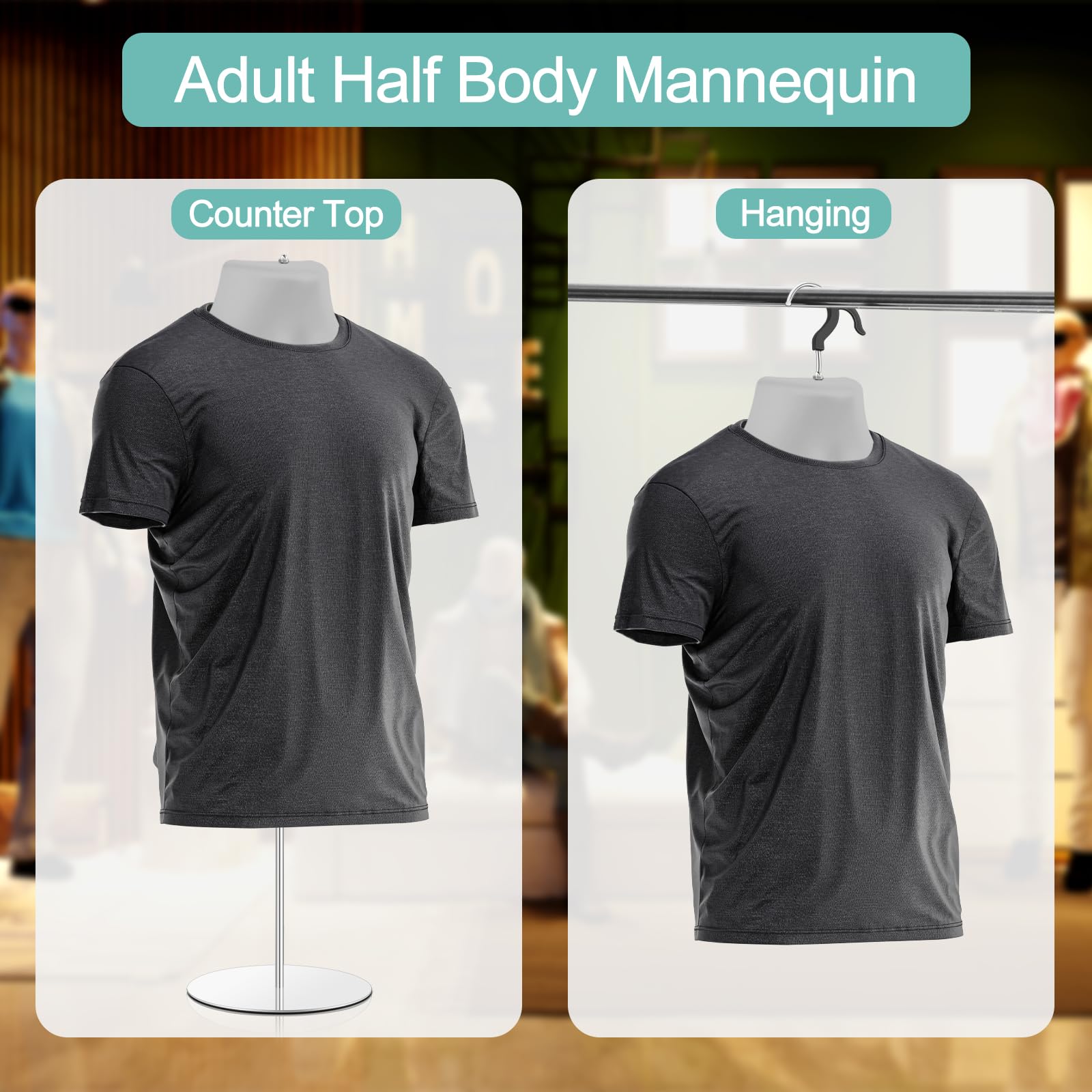 Geetery 2 Pack Male Mannequin Torso with Stand Hollow Back Dress Form Mannequin Body White Retail Mannequins Body Tshirt Display with Metal Pole and Hanging Hook for Counter Craft Shows, S M Size
