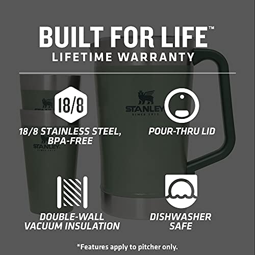 Stanley 10-10390-001 The Stay-Chill Classic Pitcher Set Hammertone Green 64OZ / 1.9L + 2 x 16OZ / .47L