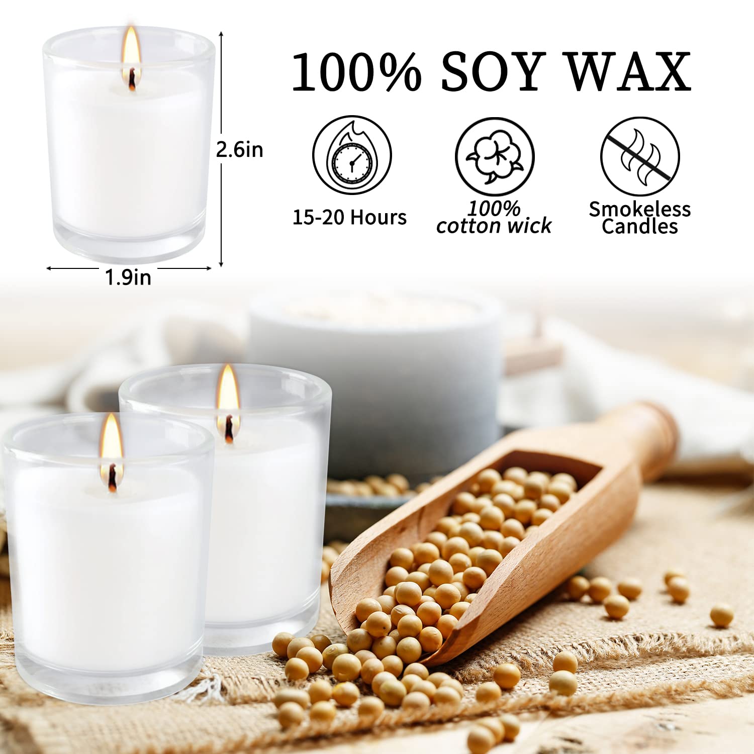 Unscented Votive Candles,White Wax Candle Filled in Clear Glass,for Home Décor Parties Weddings Holidays and Meditation,Box of 48