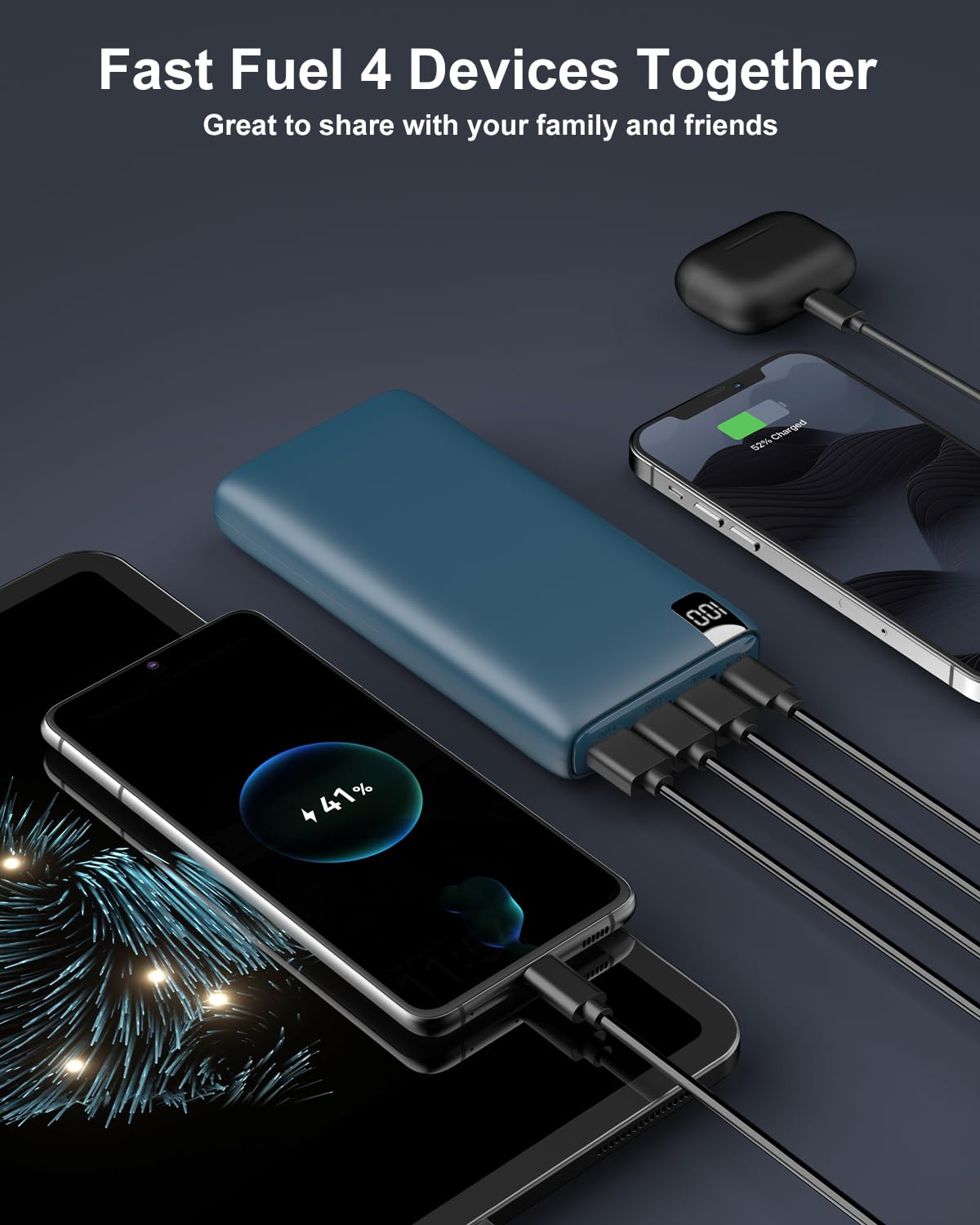 IXNINE Power Bank 26800mAh Portable Charger, High Capacity Phone Charger Compact External Battery Pack with LED Display and 4 Fast Charging Outputs for Cellphone Tablet Survival Gear (Blue)