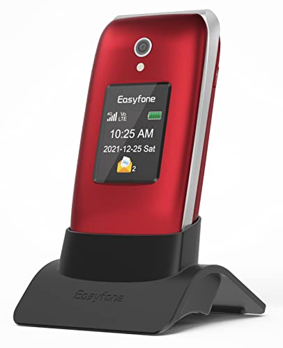 Easyfone Prime-A1 Pro 4G Big Button Flip Cell Phone for Seniors | Easy-to-Use | Clear Sound | SOS Button w/GPS | 1500mAh Battery | Unlocked (T-Mobile&MVNOs) | Charging Dock (Red)