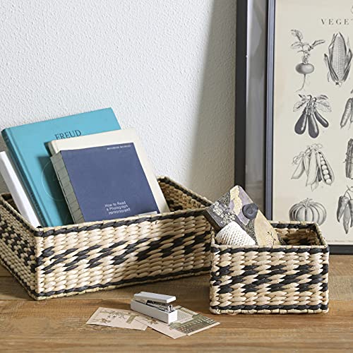 Water Hyacinth and Paper Handwoven Rectangle Basket (Assorted Set of 3, 1 Medium 13.8"x9.4"x5.1", 2 Small 7.5"x5.9"x4.5", Beige and Black)