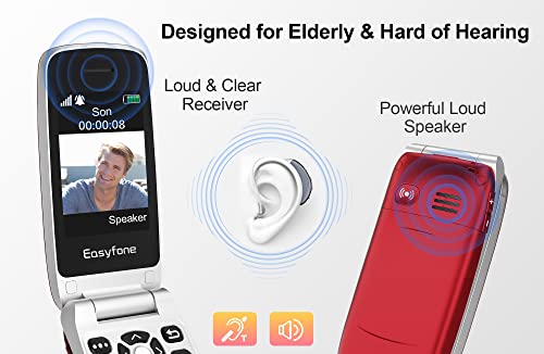 Easyfone Prime-A1 Pro 4G Big Button Flip Cell Phone for Seniors | Easy-to-Use | Clear Sound | SOS Button w/GPS | 1500mAh Battery | Unlocked (T-Mobile&MVNOs) | Charging Dock (Red)