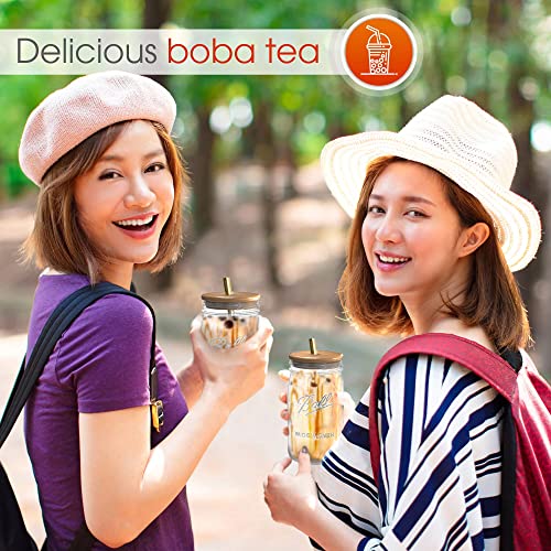 Reusable Boba Bubble Tea & Smoothie Cups - 2 Glass Wide Mouth 32oz Mason Jars with Bamboo Lids - 2 Reusable Gold Stainless Steel Boba Straws