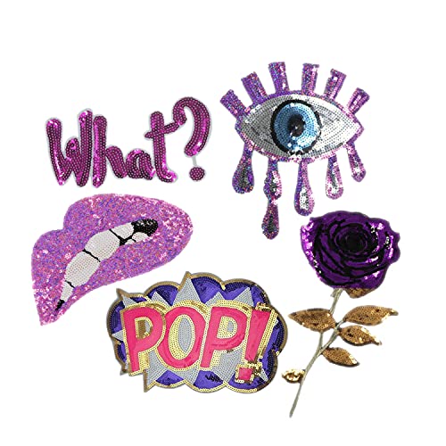 Sequin Big Eye Rose English Letter Embroidery Appliques Ironing Sewing Patches DIY Clothing Decoration 5 Pcs