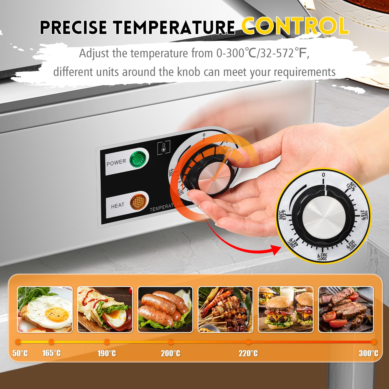 Moogiantgo Commercial Electric Griddle 22’’, 1600W Non-Stick Countertop Flat Top Grill Stainless Steel, Removable Oil Box, Adjustable Temperature 0-300℃, Teppanyaki Grill for Restaurant Kitchen, 110V