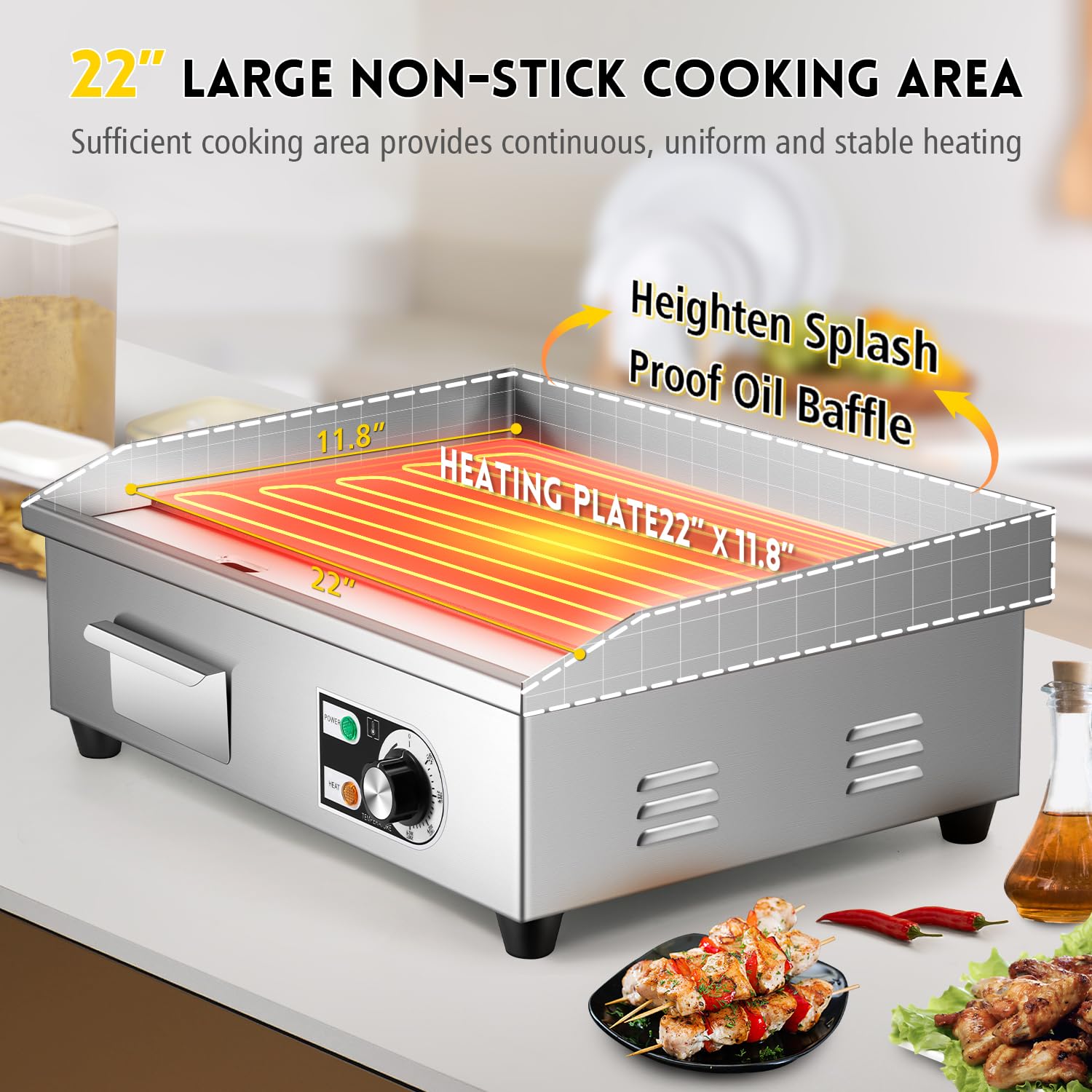 Moogiantgo Commercial Electric Griddle 22’’, 1600W Non-Stick Countertop Flat Top Grill Stainless Steel, Removable Oil Box, Adjustable Temperature 0-300℃, Teppanyaki Grill for Restaurant Kitchen, 110V