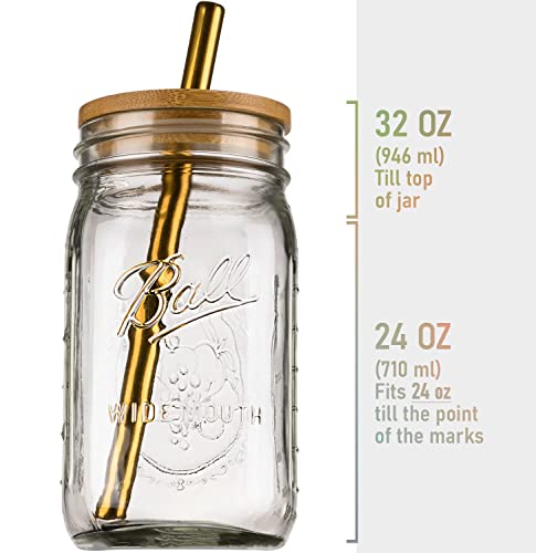 Reusable Boba Bubble Tea & Smoothie Cups - 2 Glass Wide Mouth 32oz Mason Jars with Bamboo Lids - 2 Reusable Gold Stainless Steel Boba Straws