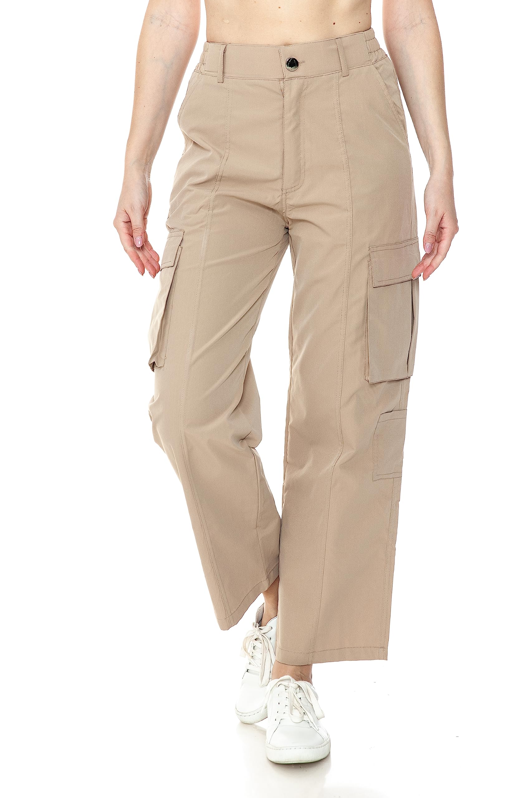 Leggings Depot High Waisted Women’s Straight Wide Leg Trousers w/Pockets, Baggy Cargo Pants, Khaki-Large