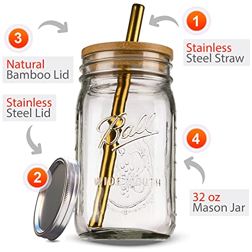 Reusable Boba Bubble Tea & Smoothie Cups - 2 Glass Wide Mouth 32oz Mason Jars with Bamboo Lids - 2 Reusable Gold Stainless Steel Boba Straws