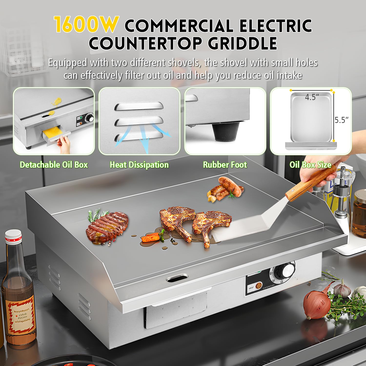 Moogiantgo Commercial Electric Griddle 22’’, 1600W Non-Stick Countertop Flat Top Grill Stainless Steel, Removable Oil Box, Adjustable Temperature 0-300℃, Teppanyaki Grill for Restaurant Kitchen, 110V