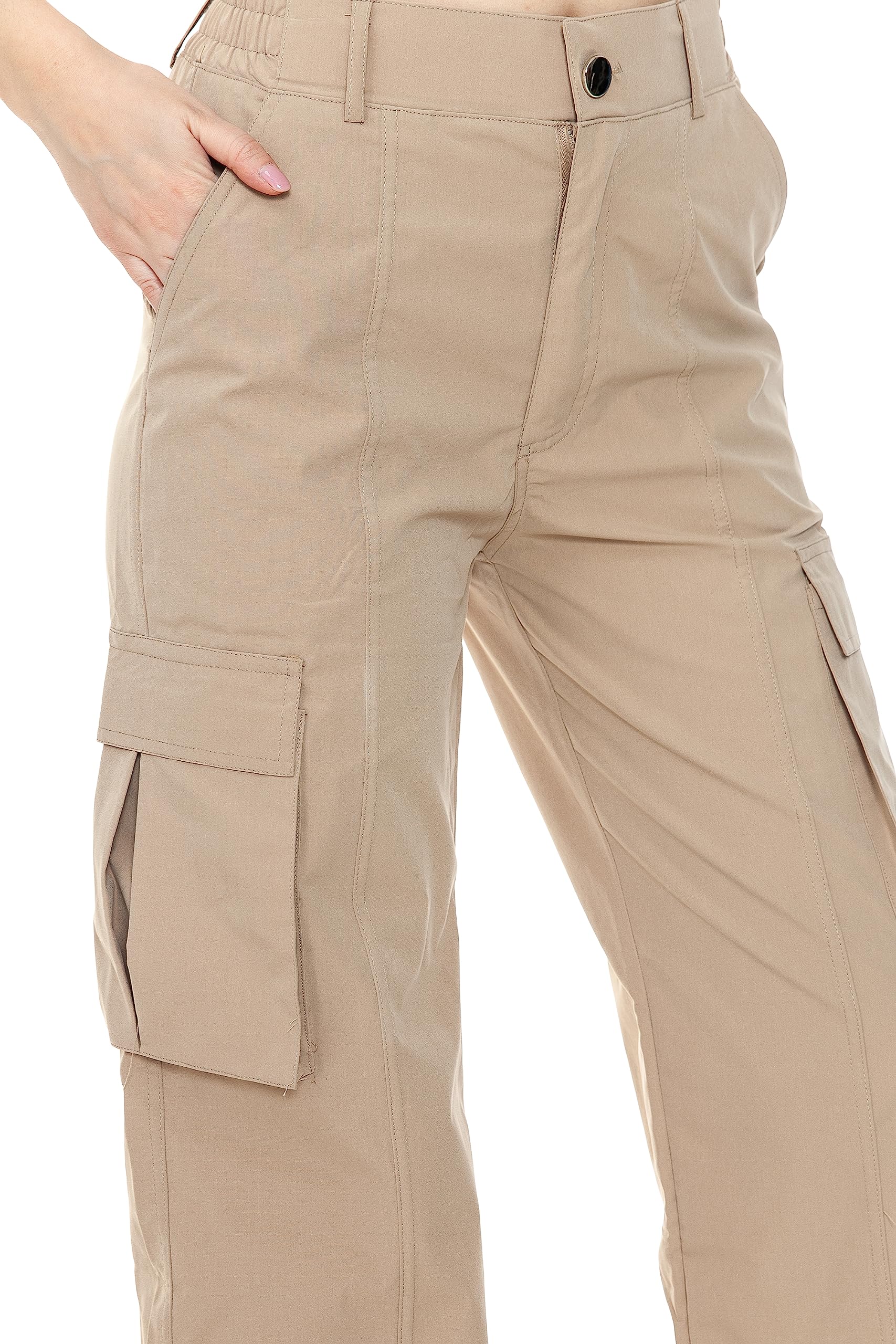 Leggings Depot High Waisted Women’s Straight Wide Leg Trousers w/Pockets, Baggy Cargo Pants, Khaki-Large