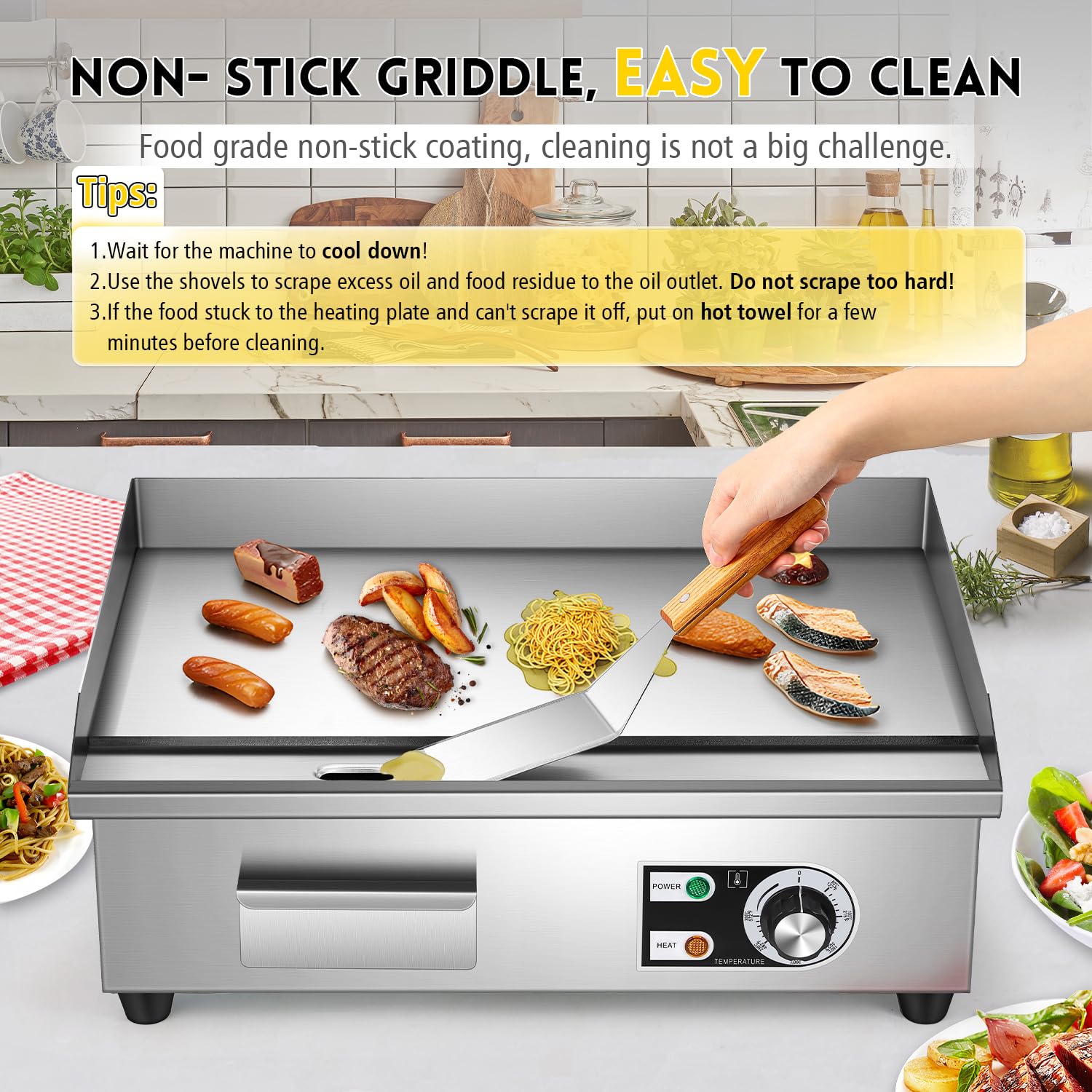 Moogiantgo Commercial Electric Griddle 22’’, 1600W Non-Stick Countertop Flat Top Grill Stainless Steel, Removable Oil Box, Adjustable Temperature 0-300℃, Teppanyaki Grill for Restaurant Kitchen, 110V