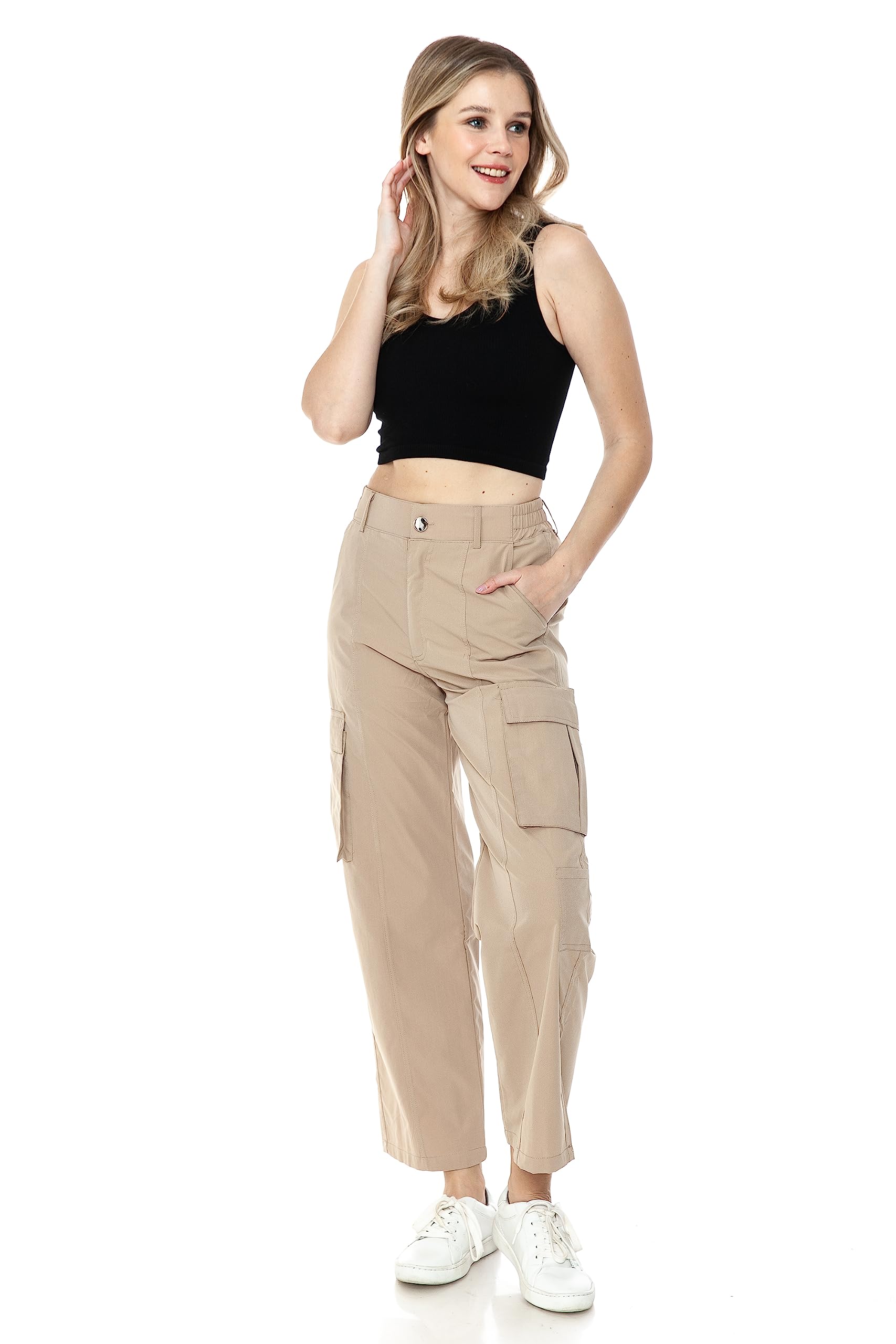Leggings Depot High Waisted Women’s Straight Wide Leg Trousers w/Pockets, Baggy Cargo Pants, Khaki-Large