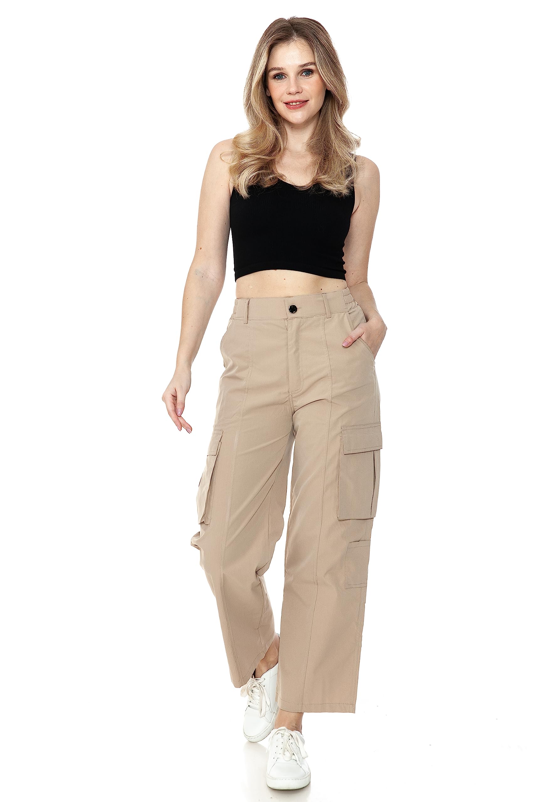 Leggings Depot High Waisted Women’s Straight Wide Leg Trousers w/Pockets, Baggy Cargo Pants, Khaki-Large