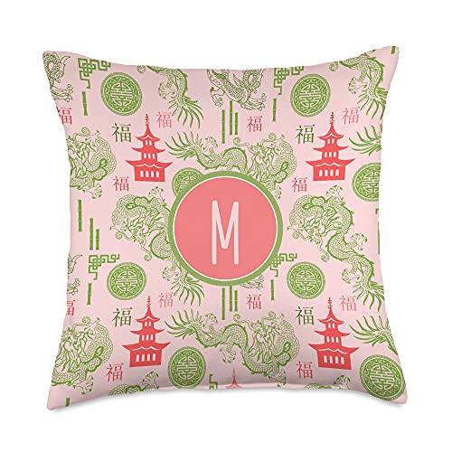 Chinoiserie Pattern Gifts by Southerngal Personalized 'M' Chinoiserie Chinese Dragon Pink Green Throw Pillow, 18x18, Multicolor