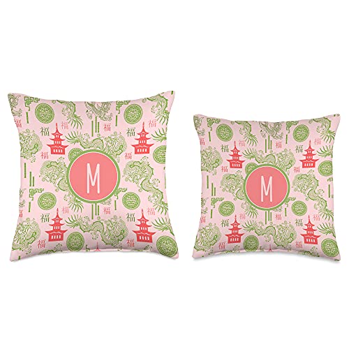 Chinoiserie Pattern Gifts by Southerngal Personalized 'M' Chinoiserie Chinese Dragon Pink Green Throw Pillow, 18x18, Multicolor