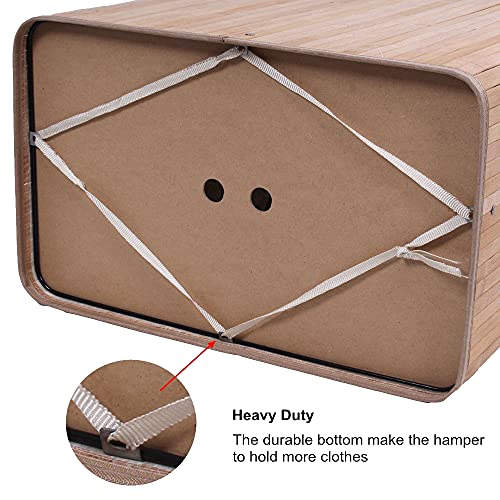 QUGANGKU Large Storage Laundry Basket with Cover, Wood Color Damp Proof Bamboo Double Folding Hamper Durable Portable Washing Bin with Liner and Handles