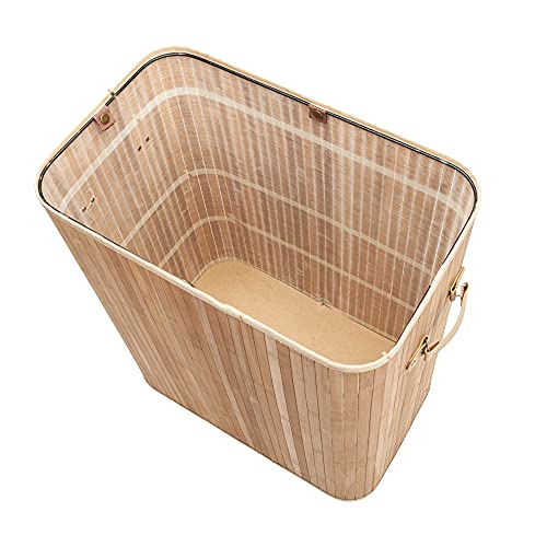 QUGANGKU Large Storage Laundry Basket with Cover, Wood Color Damp Proof Bamboo Double Folding Hamper Durable Portable Washing Bin with Liner and Handles