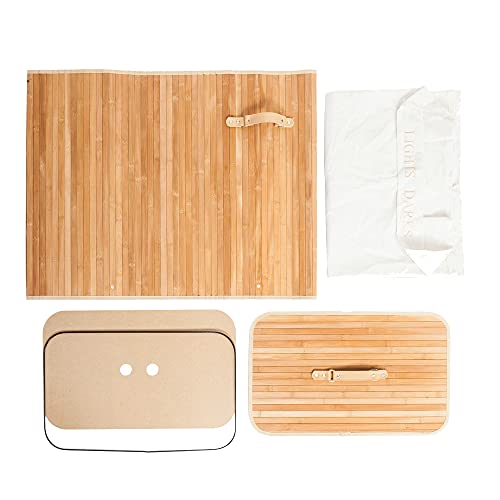 QUGANGKU Large Storage Laundry Basket with Cover, Wood Color Damp Proof Bamboo Double Folding Hamper Durable Portable Washing Bin with Liner and Handles