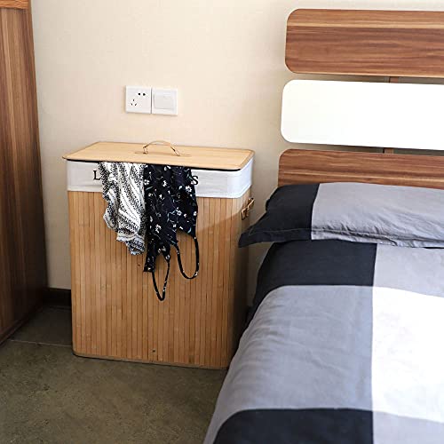 QUGANGKU Large Storage Laundry Basket with Cover, Wood Color Damp Proof Bamboo Double Folding Hamper Durable Portable Washing Bin with Liner and Handles