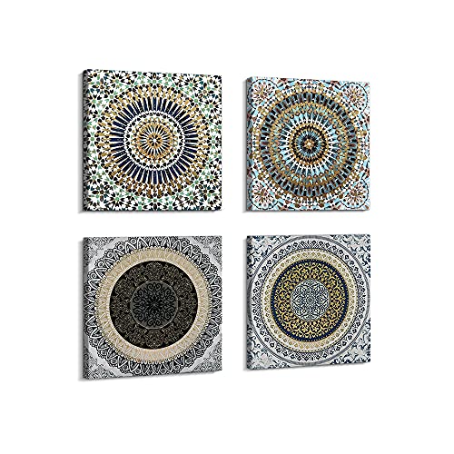 Bathroom Decor Boho Canvas Wall Art 4 Panel Mandala Canvas Print Artwork for Living Room Bedroom Decoration (12"x12"x4, B)
