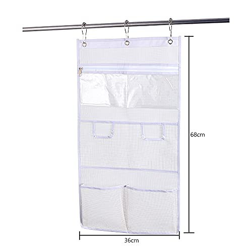 Dearjana Mesh Shower Caddy with Touch-sensative Pocket, Bathroom Hanging Mesh Bath Organizer Shower Curtains Rod Hanging Caddies with 3 Rings, Bathroom Accessories Organization, Space Saving(White)