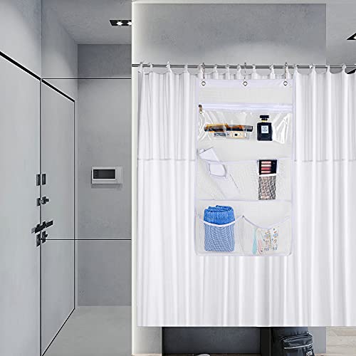 Dearjana Mesh Shower Caddy with Touch-sensative Pocket, Bathroom Hanging Mesh Bath Organizer Shower Curtains Rod Hanging Caddies with 3 Rings, Bathroom Accessories Organization, Space Saving(White)