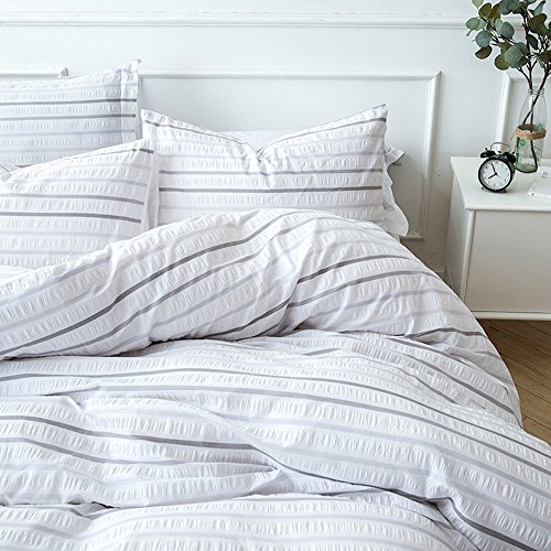 Amazon Brand β Pinzon Seersucker Duvet Cover Set,100% Cotton Yarn Dyed Seersucker Duvet Cover Set,3 Pieces Textured Stripe Bedding Set - Multi Queen