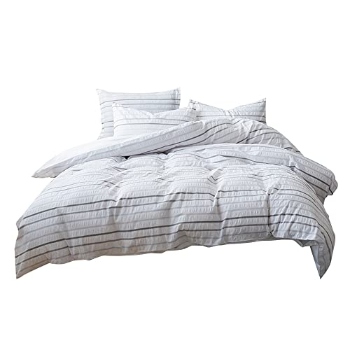 Amazon Brand β Pinzon Seersucker Duvet Cover Set,100% Cotton Yarn Dyed Seersucker Duvet Cover Set,3 Pieces Textured Stripe Bedding Set - Multi Queen