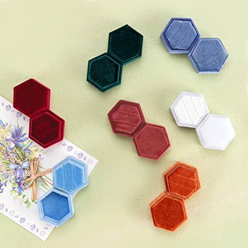 Smileshe Ring Box, Velvet Jewelry Boxes for Proposal Engagement Wedding Ceremony, Hexagon Mini Double Ring Slot Bearer Case with Detachable Lid
