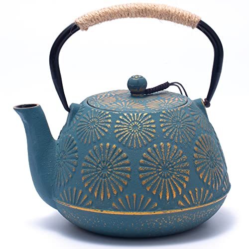 MILVBUSISS Cast Iron Teapot, Large Capacity 40oz Tea Kettle with Infuser for Stove Top, Sakura Design Japanese Tea Pot for Loose Leaf Coated with Enameled Interior, 1200ml Green