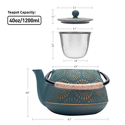 MILVBUSISS Cast Iron Teapot, Large Capacity 40oz Tea Kettle with Infuser for Stove Top, Sakura Design Japanese Tea Pot for Loose Leaf Coated with Enameled Interior, 1200ml Green