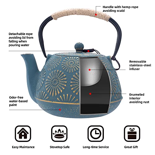 MILVBUSISS Cast Iron Teapot, Large Capacity 40oz Tea Kettle with Infuser for Stove Top, Sakura Design Japanese Tea Pot for Loose Leaf Coated with Enameled Interior, 1200ml Green