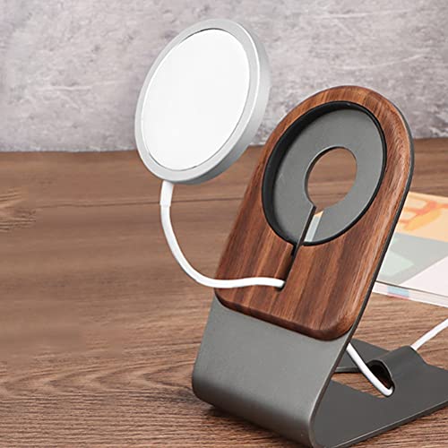 Walnut Gray Magnetic Mag Safe Phone Stand 12 pro Wooden Bracket Cradle Aluminum Alloy Mobile Cellphone Holder Metal Wireless Charger Office Kickstand Dock for iPhone 12, 12 Pro max, 12 Mini