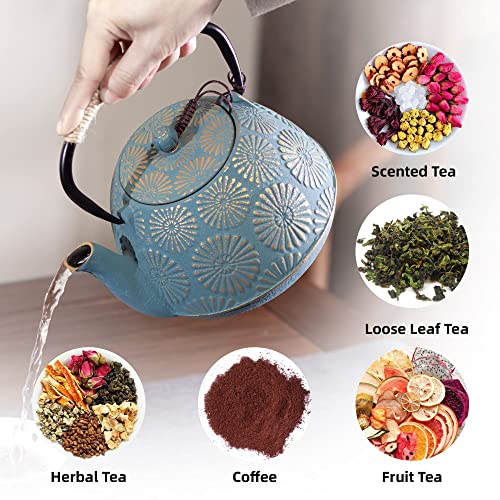 MILVBUSISS Cast Iron Teapot, Large Capacity 40oz Tea Kettle with Infuser for Stove Top, Sakura Design Japanese Tea Pot for Loose Leaf Coated with Enameled Interior, 1200ml Green