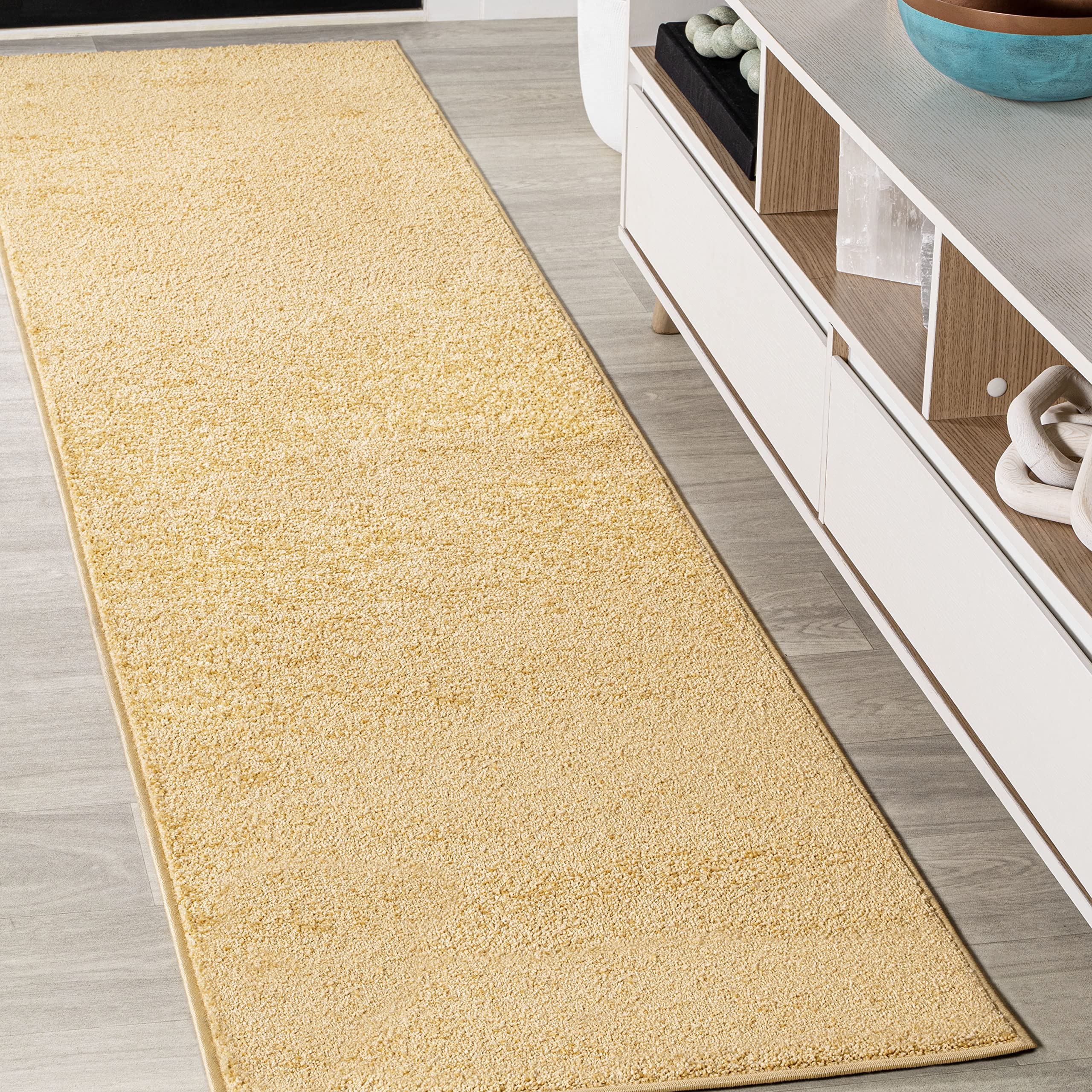 JONATHAN Y SEU100B-212 Haze Solid Low-Pile Indoor Runner Rug, Coastal, Bohemian, Minimalist, Classic, Casual for Bedroom,Kitchen,Living Room,Non Shedding,Easy-Washing, Yellow, 2 X 12