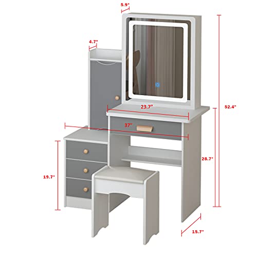 FUFU&GAGA Vanity Set Makeup Vanity Dressing Table with Sliding Lighted Mirror, 4 Drawers & Shelves, Dresser Desk and Cushioned Stool Set (White/Grey)