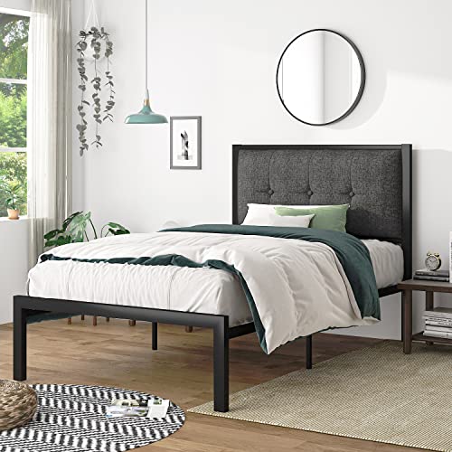 IMUsee Twin Size Bed Frame with Upholstered Button Tufted Headboard, Heavy Duty Platform Bed with 17 Strong Metal Slats Support, 11” Storage Space, Easy Assembly, Noise Free, No Box Spring Needed