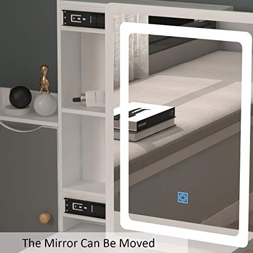 FUFU&GAGA Vanity Set Makeup Vanity Dressing Table with Sliding Lighted Mirror, 4 Drawers & Shelves, Dresser Desk and Cushioned Stool Set (White/Grey)