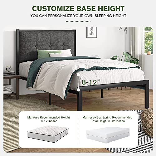 IMUsee Twin Size Bed Frame with Upholstered Button Tufted Headboard, Heavy Duty Platform Bed with 17 Strong Metal Slats Support, 11” Storage Space, Easy Assembly, Noise Free, No Box Spring Needed
