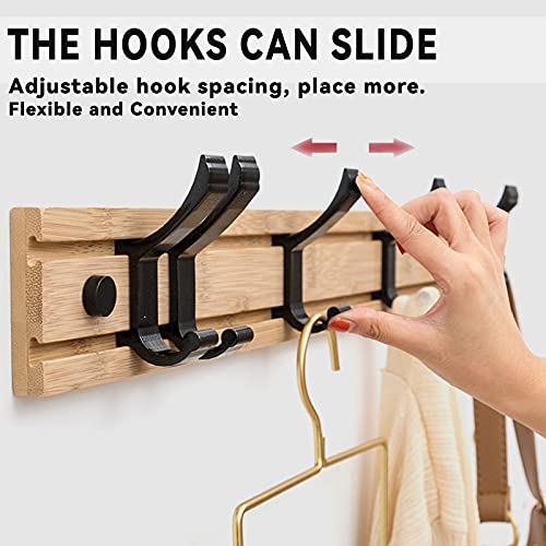Coat Rack Wall MountedĀ ,Wooden Board Coat Rack with 4 Movable Coat Hooks, Heavy Duty Coat Metal Hooks Rail for Coat Hat Towel Purse Robes Bathroom Entryway (Natural)