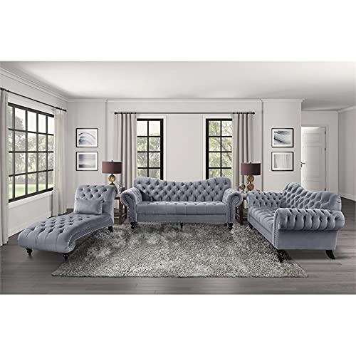 Pemberly Row 84" Velvet Roll Arm Sofa with Tufted Nailhead Upholstery, 3 Seater Fabric Couch Furniture for Home Living Room, Dark Gray