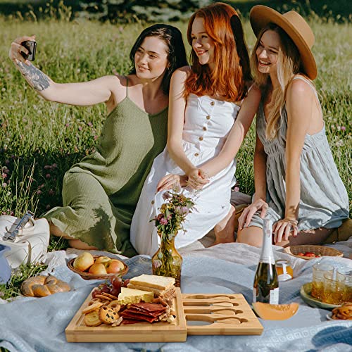 Yibidys Cheese Board Set, Charcuterie board Set, Bamboo Cheese Plate including Knife Sets, Cheese Tray with Slide-Out Drawer for Home and Gift
